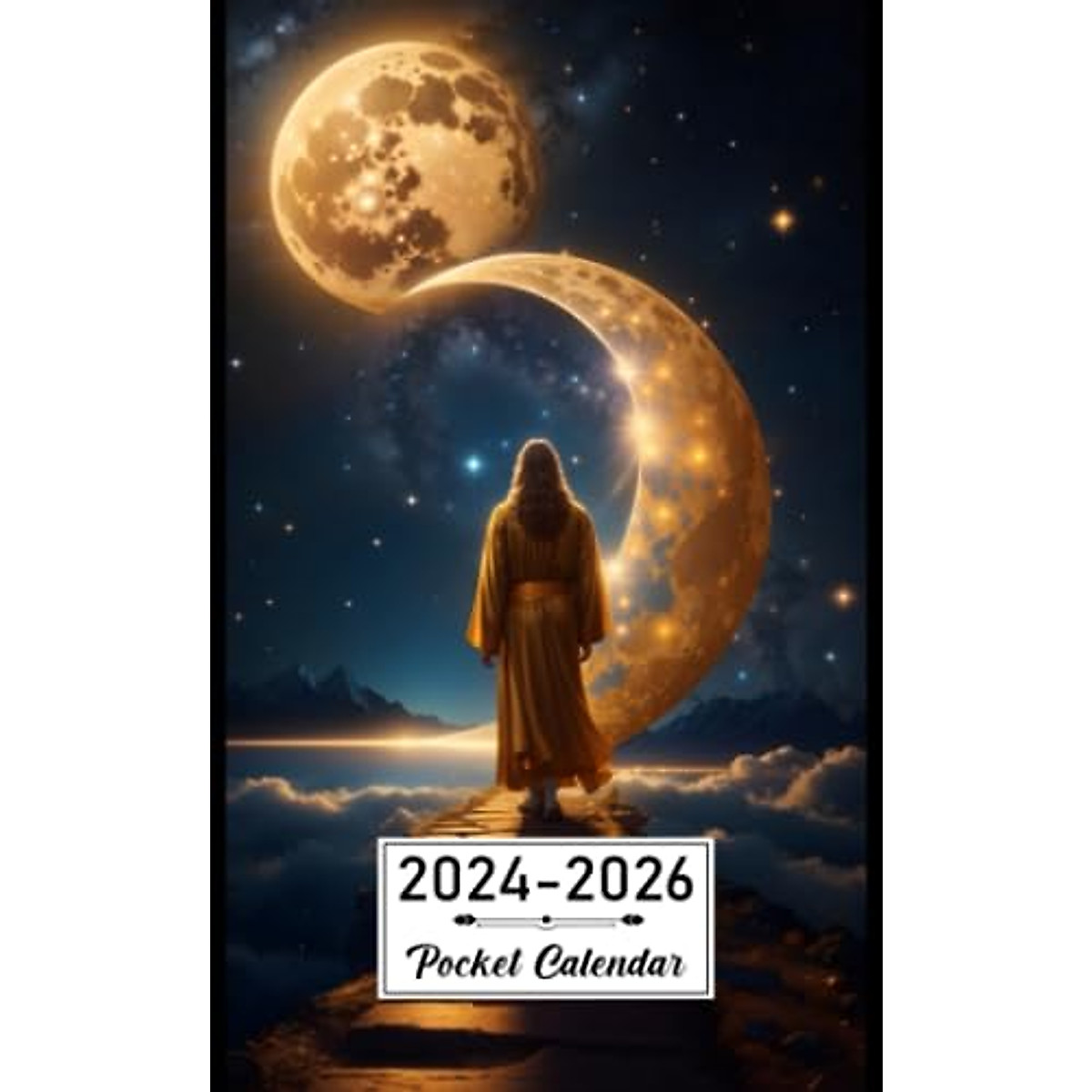 Pocket Calendar 2024-2026: Two-Year Monthly Planner for Purse , 36 Months from January 2024 to December 2026 | Star-filled night sky | Golden moon | Self-discovery and connection with Man