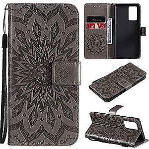 SATURCASE Case for Oppo Reno 6 Pro 5G, Sun Flower Embossing PU Leather Flip Magnet Wallet Stand Card Slots Protective Cover with Hand Strap for Oppo Reno 6 Pro 5G (Gray)