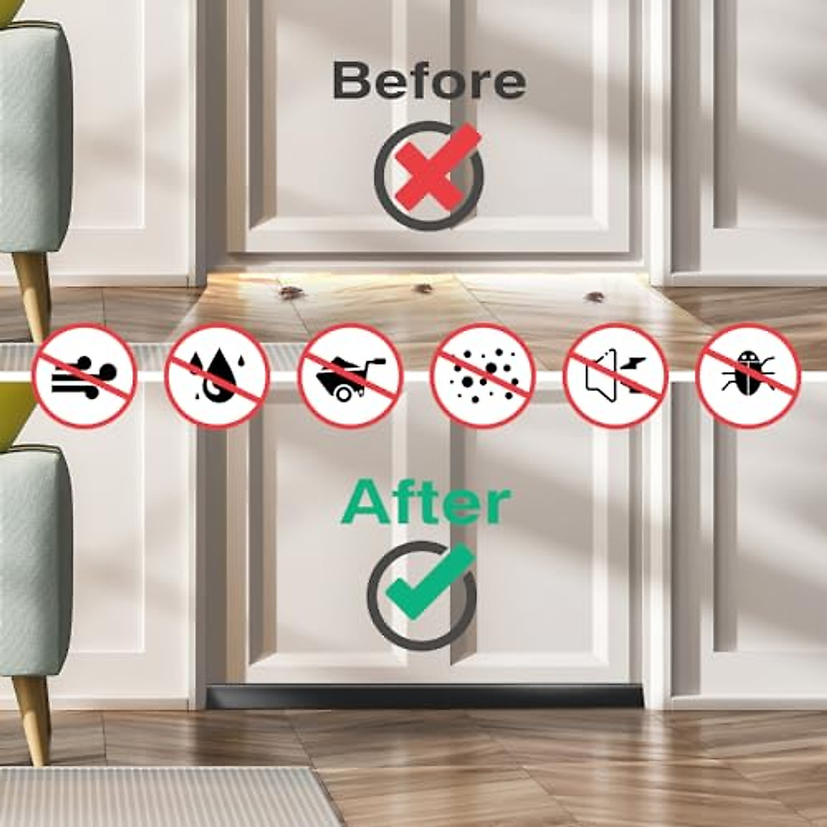 Lewondr Door Draft Stopper 36 Inch Waterproof Under Door Draft Noise Blocker Soundproof Cuttable Trapezoid Strong Adhesive Weather Stripping Door Seal Under Door for Reduce Dust Air Door Sweep, Black