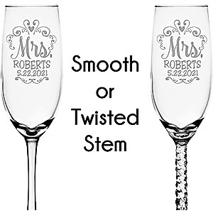 Mr Mrs Wedding Reception Celebration Twisty Stem Champagne Glasses Set of 2 Couples Newlywed Married Groom Bride Husband Wife Anniversary Engraved CLEAR Flute Glass Favors (Personalized)