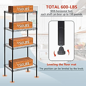 FDW 18L x 12W x 44H Wire Shelves Metal Shelf with 4 PP Sheets Storage Shelves 4 Tier Layer Storage Shelves for Laundry Bathroom Kitchen Garage,Black