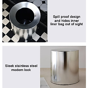 Sleek Metallic Silver Waste Basket - Stainless Steel Look Garbage Container - Spill Proof Trash Can - 12L/3.2Gal Capacity - Modern Garbage Pail - Futuristic Minimalist Style for Bedroom Living Room…