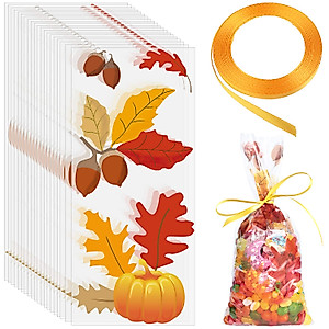 100 Pieces Fall Cellophane Bags Pumpkin Fall Leaves Treat Bags Halloween Pumpkin Bags Thanksgiving Cellophane Bags with 1 Piece Orange Ribbon for Chocolate Candy Snacks Cookies Little Toys