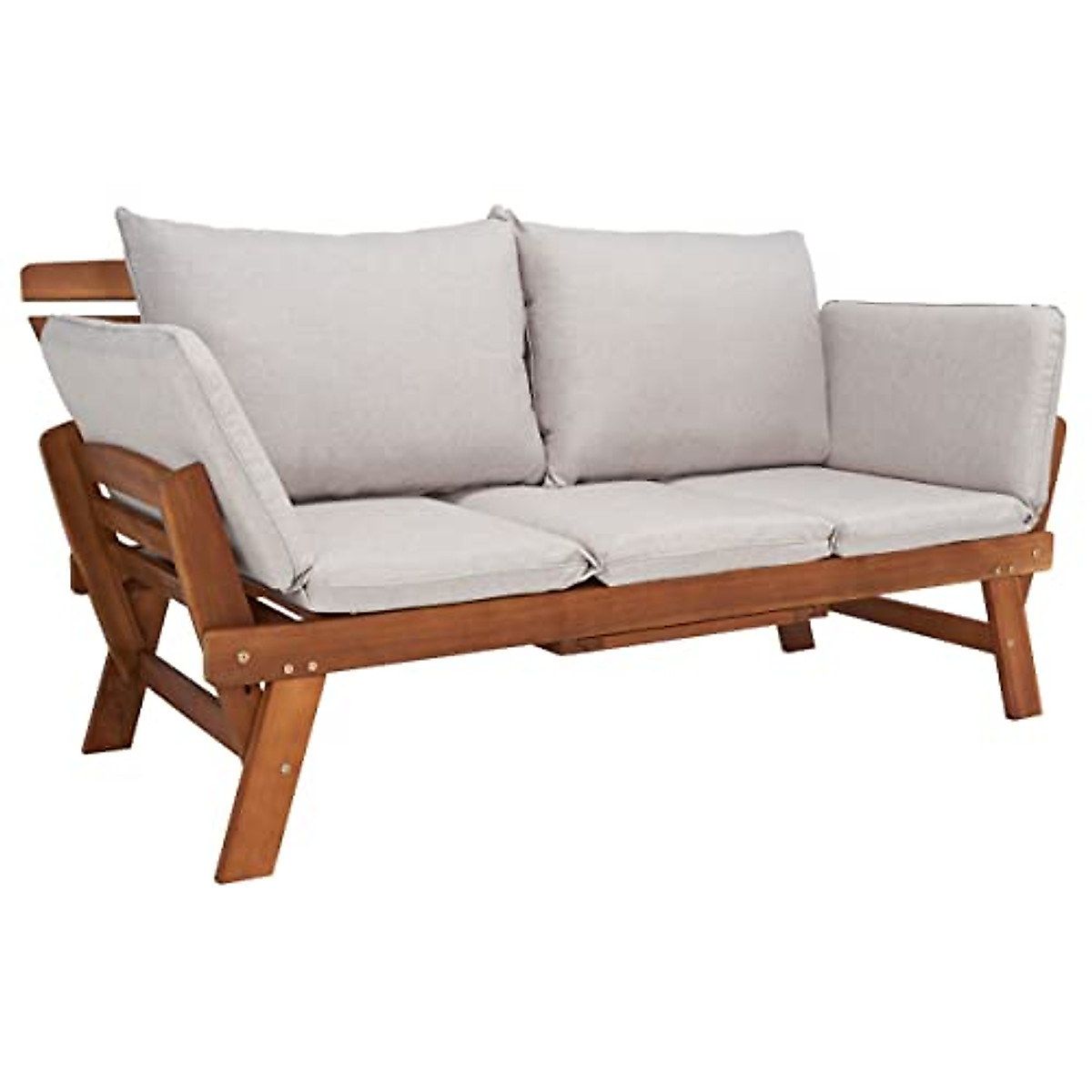 Safavieh PAT7300E Collection Emely Acacia Wood Expandable Loveseat Outdoor Daybed, Natural/Light Grey