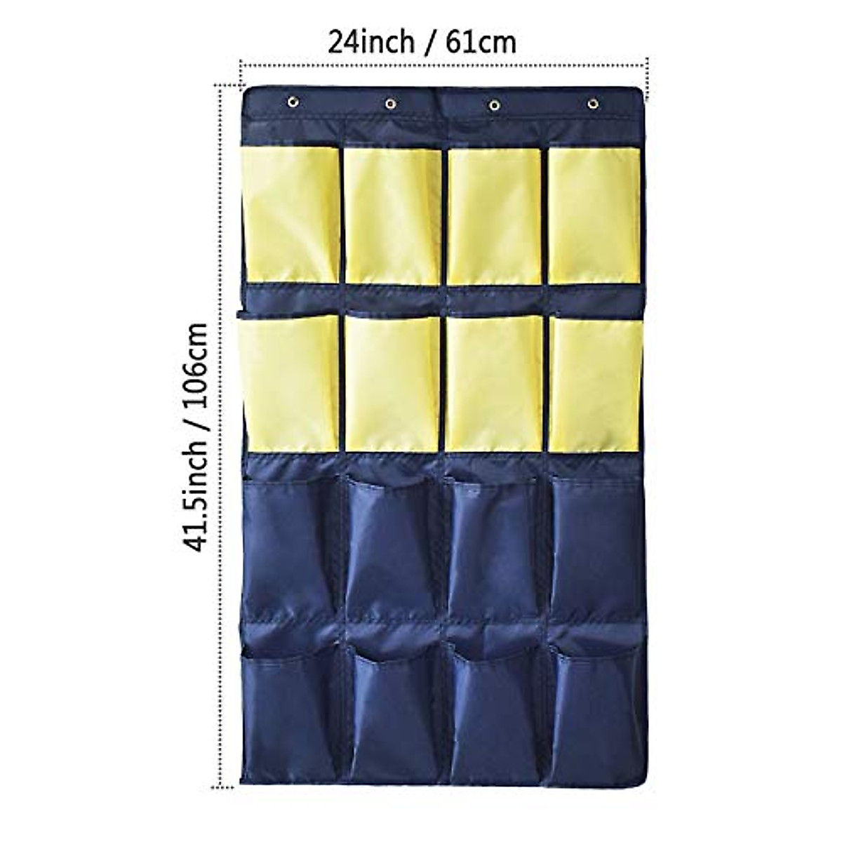 HeyToo Over The Door Shoe Organizer 16 Large Oxford Fabric Pockets Accessory Storage Hanging Narrow Closet Wall Navy and Yellow