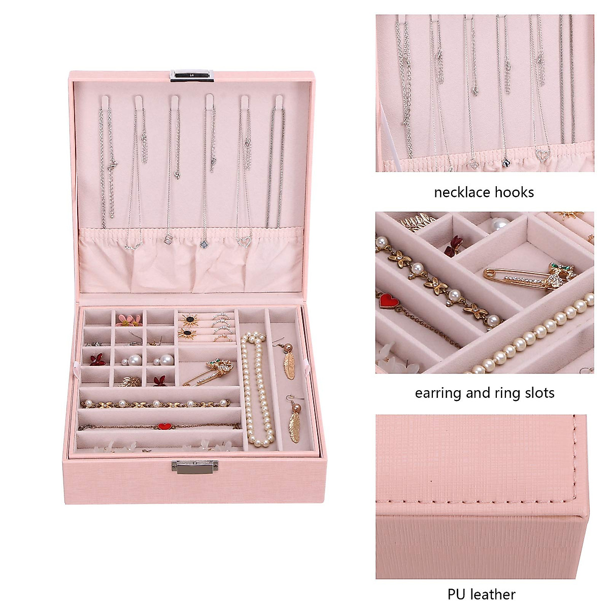 BEWISHOME Jewelry Box for Girls 35 Compartments Jewelry Organizer - 6 Necklace Hooks, 2 Layers - Jewelry Boxes Display Storage Case Jewelry Holder for Girls Pink SSH71F
