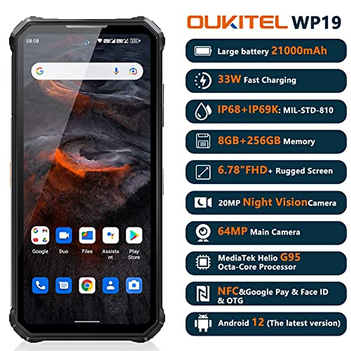 OUKITEL WP19 64MP Camera 8GB+256GB IP68 Waterproof Cellphone, 21000mAh Battery Android 12 Cell Phone, 6.78" HD+ Dual SIM 4G Smartphones OTG/NFC