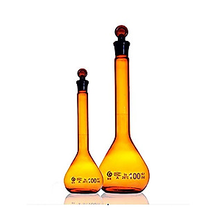 Volumetric Flask with Grinding Stopper, Amber, Class A, Capacity 200ml, Printed Blue Graduations & Marking Spot, Borosilicate Glass, Lab Glassware Kits (200ml)