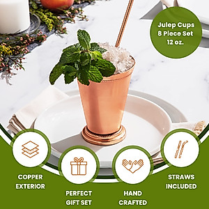 Sol Living Mint Julep Cups Gift Set of 4, 12 oz. Stainless Steel Silver Cups with 4 Drinking Straws Kentucky Derby Cups Premium Handcrafted Barware Set for Cocktails Mixed Drinks