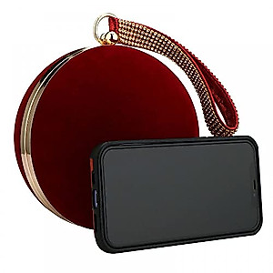 Velvet Evening Clutch Round Party Handbag Shoulder Bag Wedding Handbag Ball Clutch Purses for Women (Wine Red)