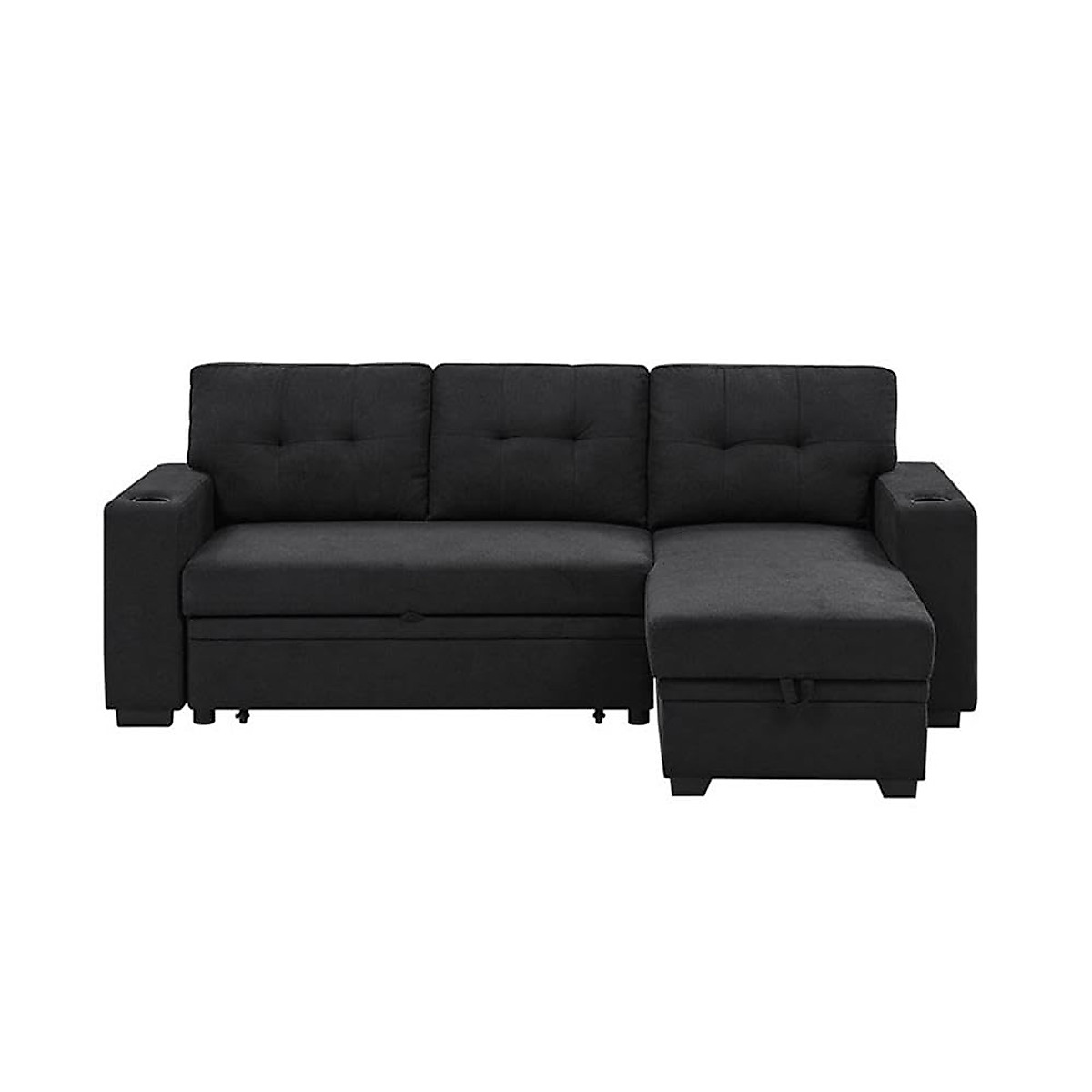 Partner Furniture Upholstery Polyester Blend Fabric Convertible Sectional Sleeper Sofa with Cup Holders in Black