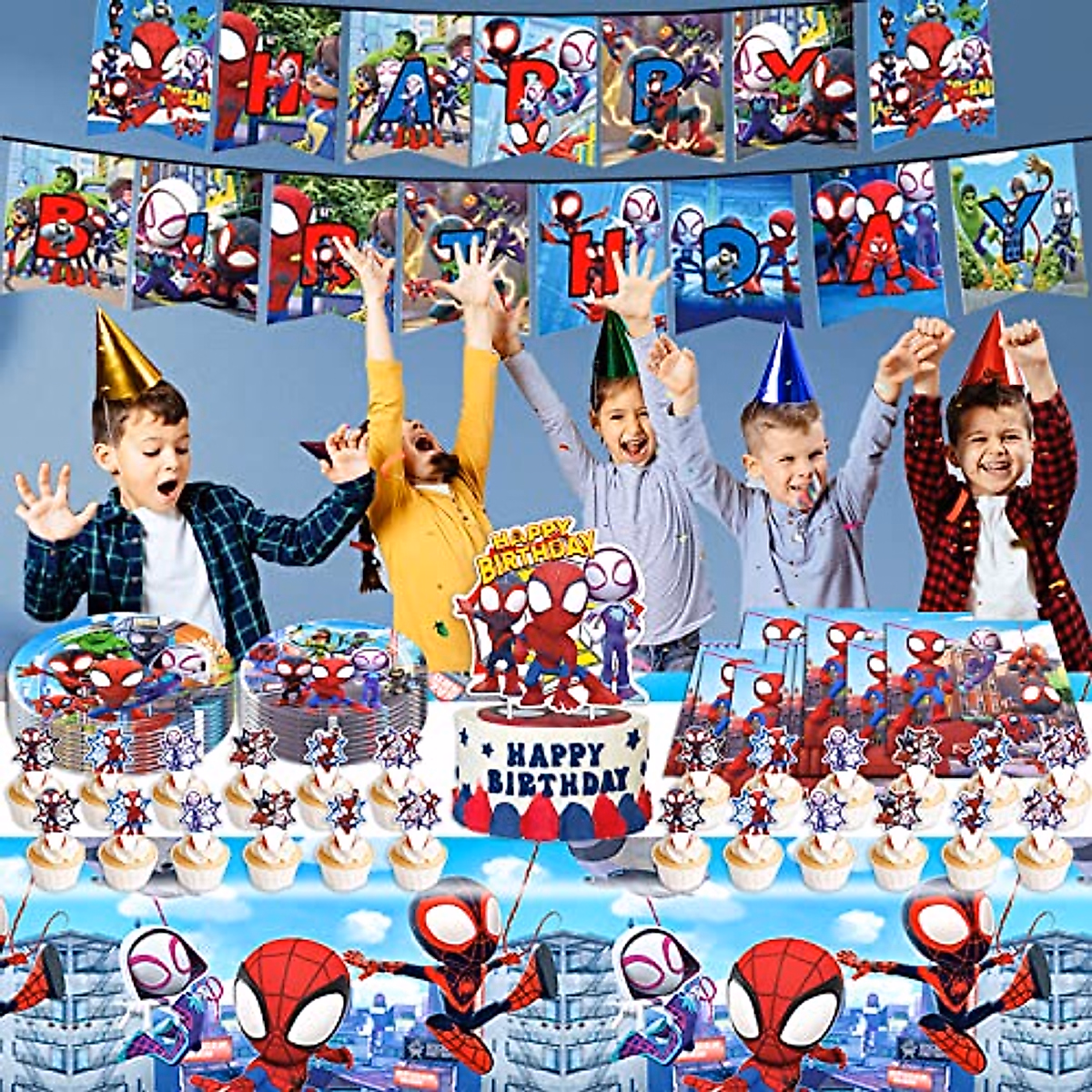Spider and His Amazing Friends Birthday Party Supplies，Spider Theme Party Decorations With 20 Plates 10 Paper Towels 1 Tablecloth 1 Set of Banners and Cake Inserts， for Fans SPlDERMER Party Supplies