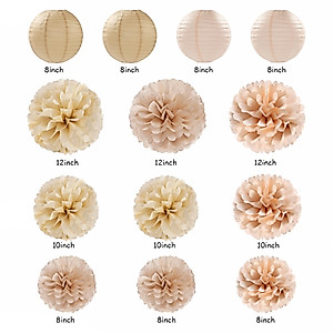 Beige-Champagne Gold White-Peach Boho Party-Decorations - 20pcs Neutral Baby Shower Rustic Wedding Paper Lanterns Fans,Tissue Pom Poms,Honeycomb Balls,Bunting,Birthday Bridal Decor Burgleda