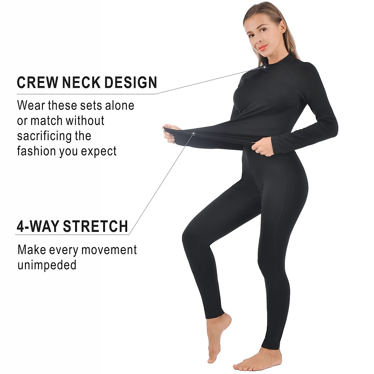 qualidyne Women’s Thermal Underwear Ultra-Soft Base Layer Long Johns Set Winter Sports Top and Bottom Suits Black