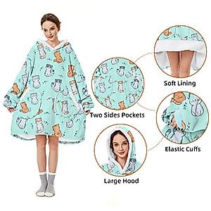 Durio Wearable Blanket Hoodie Cute Patterns Blanket Sweatshirt for Women Men Sherpa Fleece Hooded Blanket Hooded Sweatshirt Cat One Size