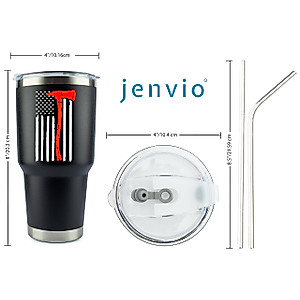 JENVIO Firefighter Gifts for Men | Stainless Steel Travel Tumbler/Mug with Two Lids and Gift Box | Thin Red Line Flag Design for Fireman Gift | Christmas Department | First Responder