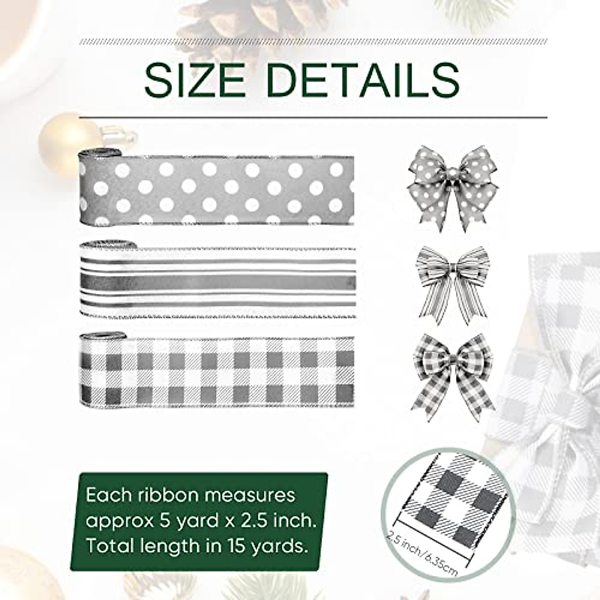 Grey Wired Edge Ribbon Plaid Ribbon 3 Rolls 2.5 Inch Farmhouse Ribbon Buffalo Check Gray Ribbon Polka Dot Striped Ribbon Buffalo Plaid Ribbon Wire Ribbon for DIY Crafts Gifts Wreath Bow, 15 Yards