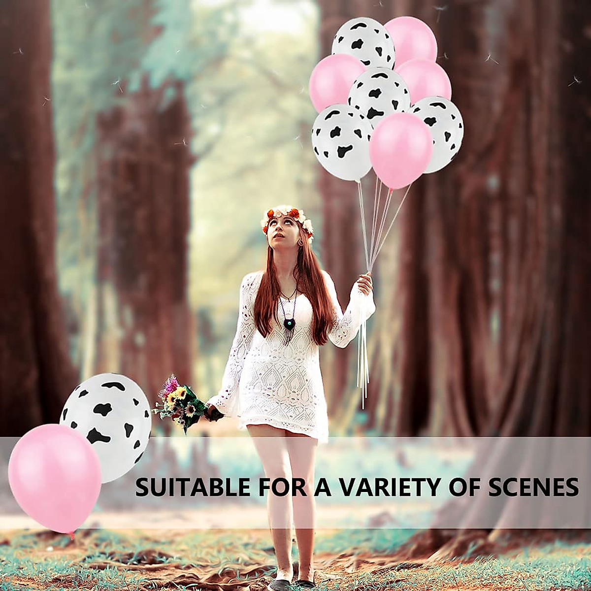 AnnoDeel 50pcs Cow Print Latex Balloons, 12inch White Black Cow Pink Balloons for Cowboy Theme Farm Animal Birthday Home Party Birthday Party Decoration