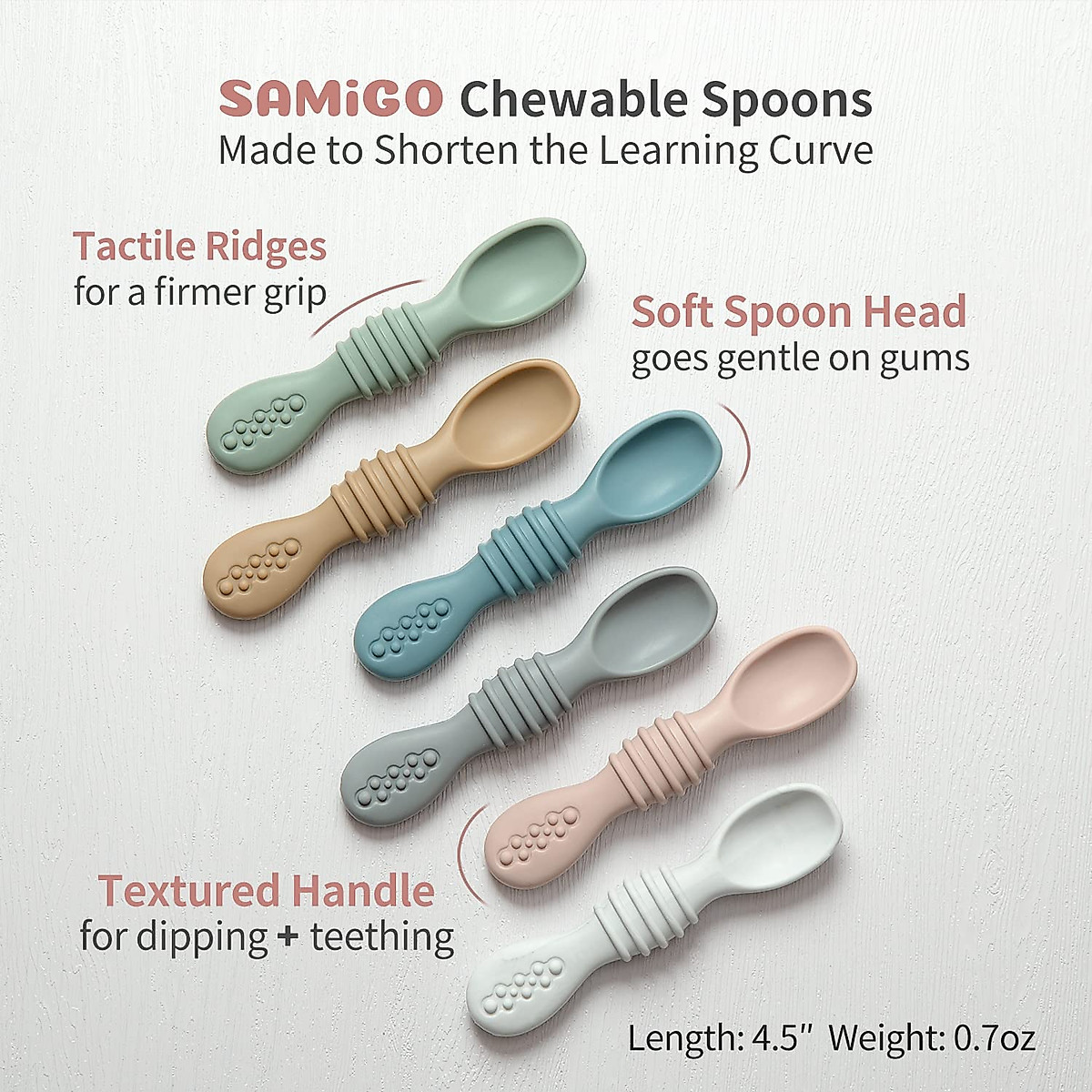 SAMiGO Silicone Baby Utensils - Self Feeding Spoons and Tiny Training Cup - First Stage Baby Led Weaning Supplies for 6 Months+ Infants - Set of 4