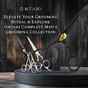 Ontaki 5.5" Beard & Hair Trimming Scissors - Professional Japanese Steel Hand-Forged Barber Shears for Mustache, Bangs, Men, Pets (Gold & Black) - Hair Scissors