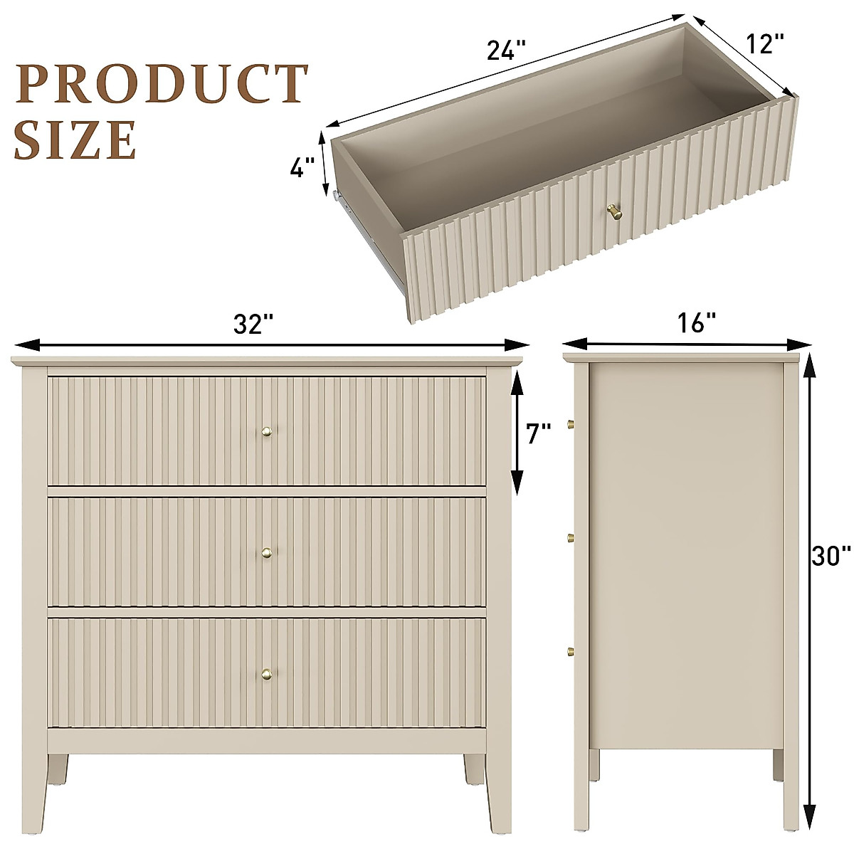 RoyalCraft 3 Drawer Dresser Set of 2, Fluted Chest of Drawers with Storage, Modern Painted 30 inch Tall Nightstand for Bedroom Living Room Entryway, Beige