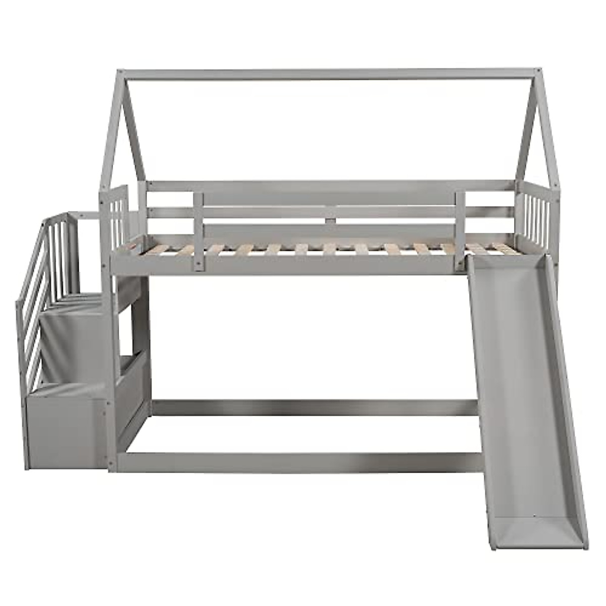 Harper & Bright Designs Low House Bunk Bed with Slide, Wood Twin Over Twin Floor Bunk Bed Frame with Storage Shelves, Roof, Full-Length Guardrail for Toddler, Kids, Boys or Girls, Grey