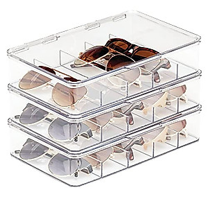 mDesign Plastic Stackable Eyeglass Case Storage Organizer with Hinged Lid for Unisex Sunglasses, Reading Glasses, Fashion Eye Wear, Protective Glasses, 5 Sections, Ligne Collection - 3 Pack - Clear