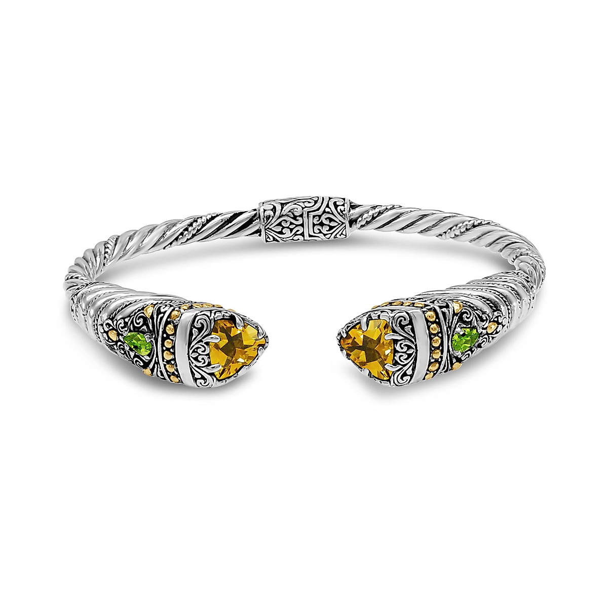 DEVATA Sterling Silver 925 and 18K Gold with Citrine and Peridot Bali Filigree Cuff Bracelet DHK3586CT (Size M)