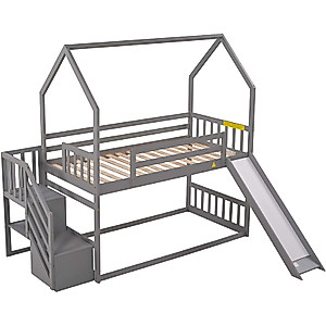 Bellemave House Bunk Beds with Stairs and Slide Low Twin Over Twin Solid Wood Floor Bunk Bed for Kids Girls Boys Teens, Gray