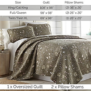 Southshore Fine Living, Inc. Oversized Queen Size Quilt Bedding Set, All Season Lightweight Bedspread, Boho Coverlet Full Size, Floral Bedding 3-Piece Set with Two Matching Shams, Full/Queen, Brown
