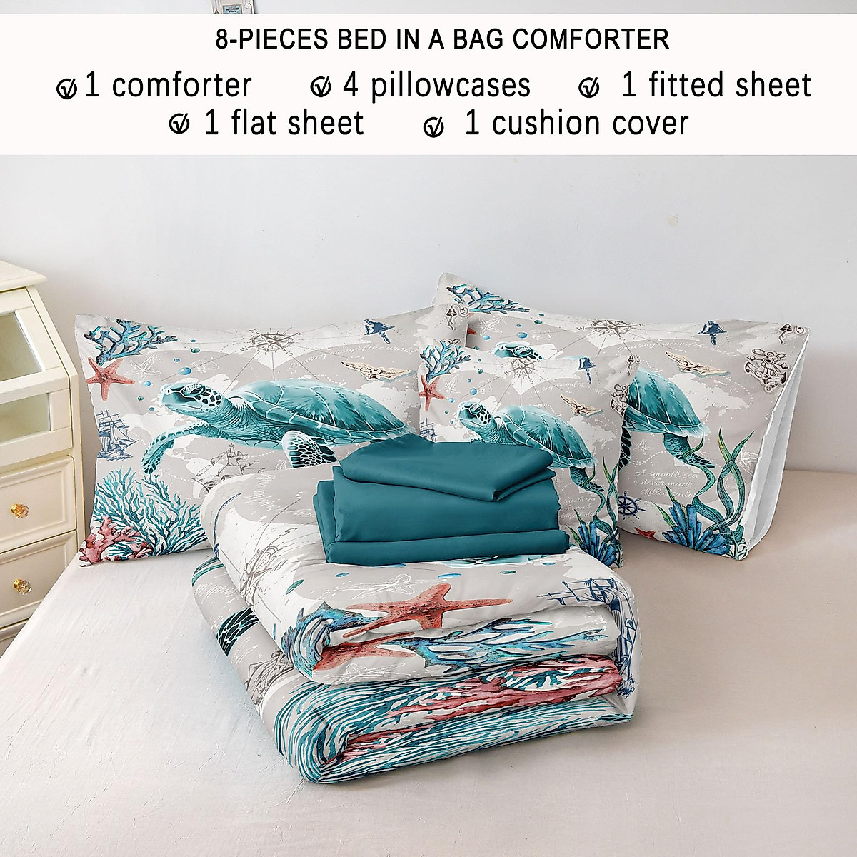 Bedbay 8 Pieces Nautical Bedding Sea Turtle Queen Comforter Set with Sheets Turquoise Comforter Retro Style Teen Girls Boys Turtle Bedding Set Ocean Themed Soft Fluffy Bed Set(Ocean,Queen)
