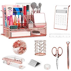 Rose Gold Desk Organizers and Accessories, Office Supplies with Calculator, Acrylic Stapler, Pen Holder, Clips, Scissor Pen, Mesh Desktop Organizer with Drawer for Women, Student, Office, School