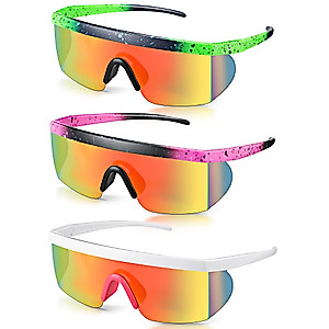 Fabbay 3 Pair Neon Retro Mirrored Sunglasses 80s 90s Semi Rimless Colored Lens Sunglasses for Sport Men Women(Classic Colors)