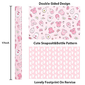 MAYPLUSS Baby Pink Girl Gift Wrap Paper - 17Inch x 33Feet - Cute Kid Pink Snapsuit, Bottle & Bayby Feet Baby Shower Wrapping Paper for Birthday Present, Gender Reveal Theme New Baby Party Decoration
