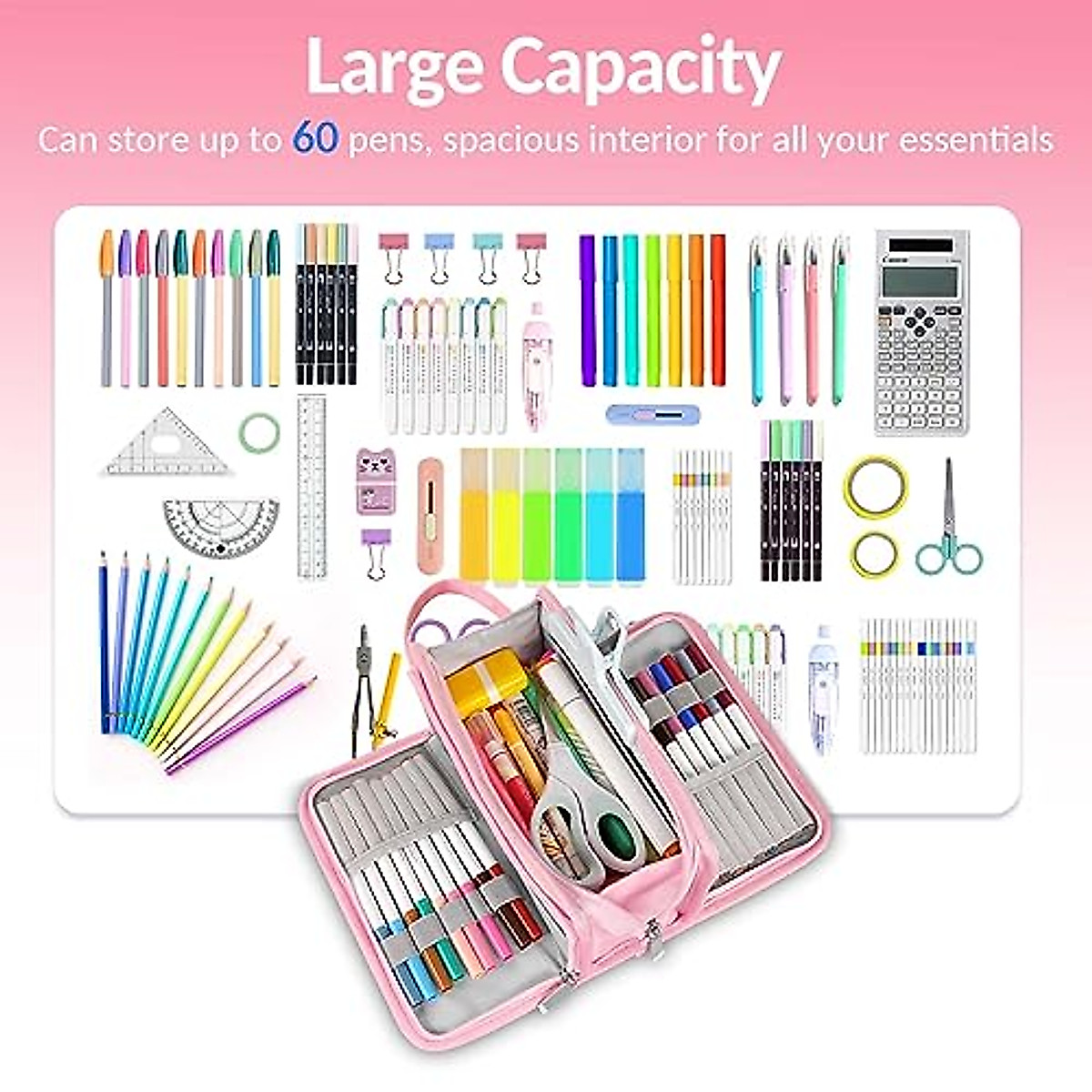 Sooez Large Pencil Case, Big Capacity Pencil Pouch Pen Bag with 3 Compartment, Portable Canvas Stationery Organizer with Zipper, Cute Aesthetic School Supplies For Teen Girls Boy College, Pink