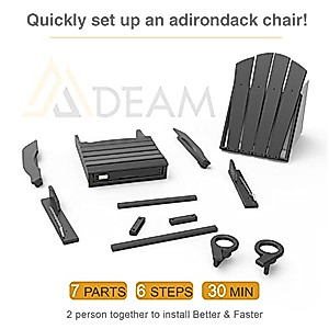 Mdeam Folding Adirondack Chair Lawn Outdoor Fire Pit Chairs Weather Resistant with 2 Cup Holder/Adirondack Retractable Ottoman（Black）