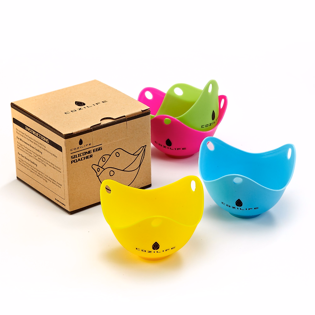 Egg Poacher – COZILIFE Silicone Egg Poaching Cups with Ring Standers, For Microwave or Stovetop Egg Cooking, Kraft Box Packing, BPA Free, Pack of 4
