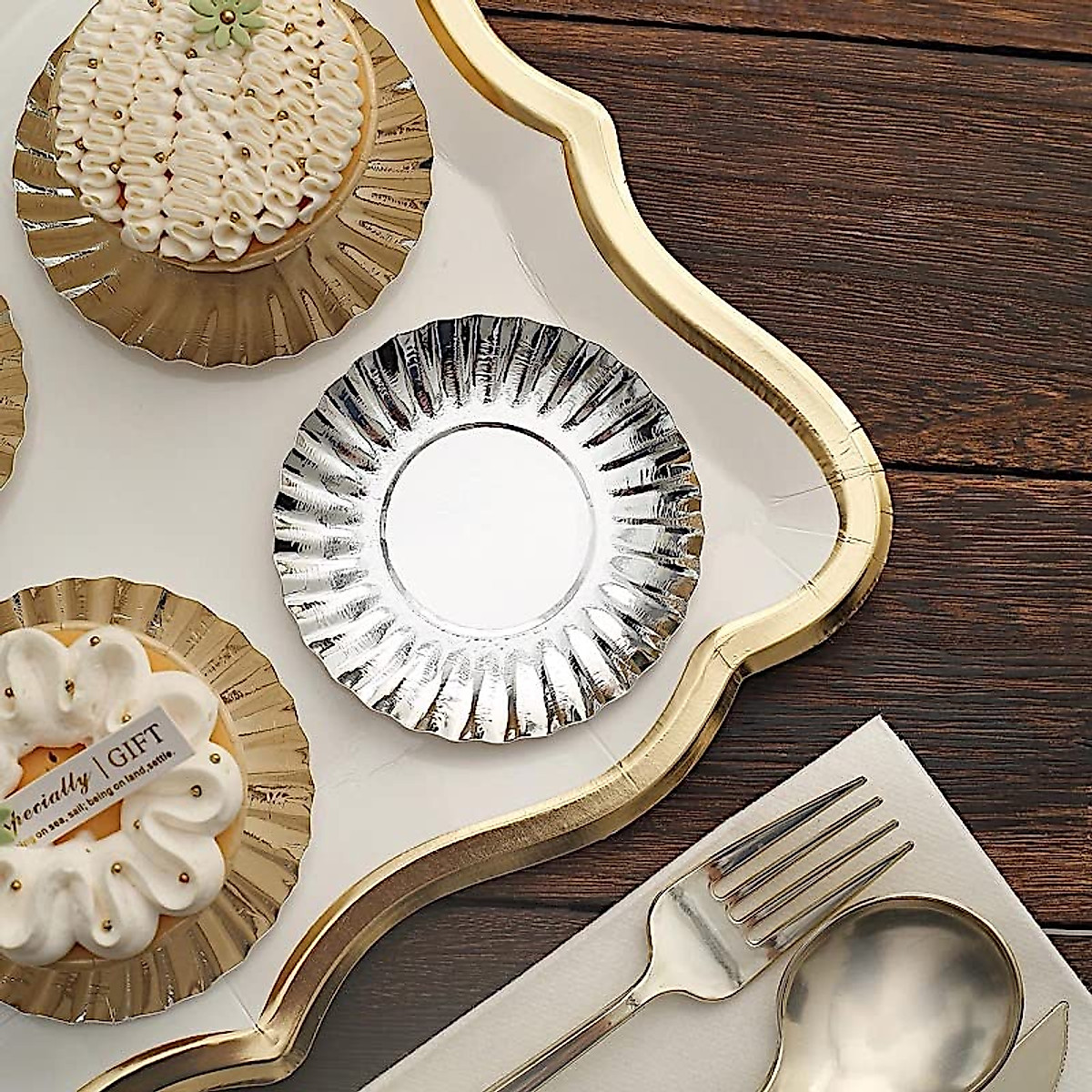 Balsa Circle 50 Metallic Silver 3.5 in Round Disposable Dessert Paper Plates Scalloped Trim Party Events Reception Home Decorations Supplies