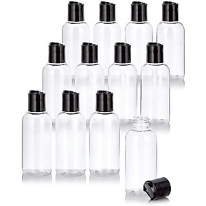 JUVITUS 4 oz / 120 ml Clear Plastic PET Boston Round Bottle (BPA Free) with Black Disc Cap (12 pack)
