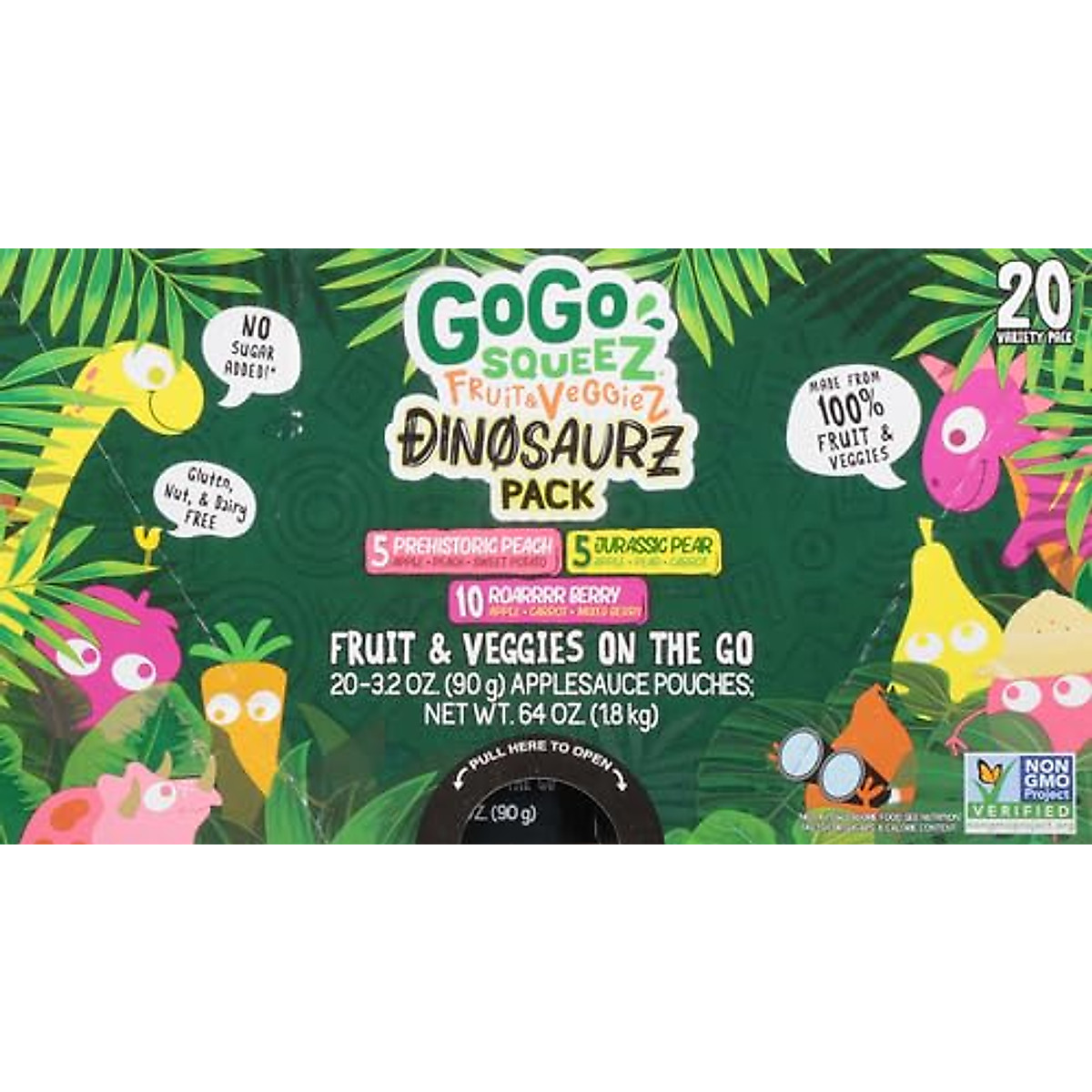 GoGo squeeZ Fruit & veggieZ Variety Pack, Jurassic Pear, Roarrrr Berry & Prehistoric Peach, 3.2 oz (Pack of 20), Unsweetened Snacks for Kids, No Gluten, Nut & Dairy, Recloseable Cap, BPA Free Pouches