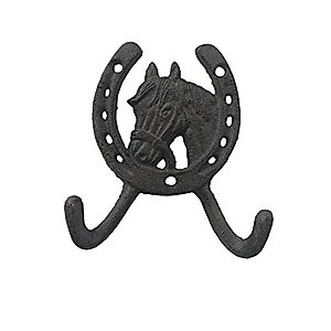 Comfy Hour Cast Iron Horse Head Horseshoe Double Key Coat Hooks Wall Hanger Clothes Rack, Heavy Duty Recycled, Dark Brown, Antique & Vintage Collection
