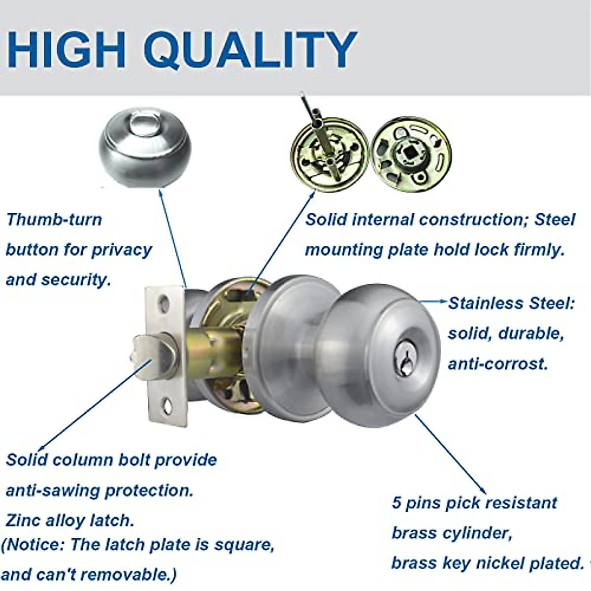 Comfhouse 5 Pack Stainless Steel Ball Entry Door Knob, Keyed-Alike Satin Nickel Entrance Door Knob,Interior/Exterior Door Knob with Lock For Bedroom Bathroom, Front Entry Door Knobs with Lock Same Key