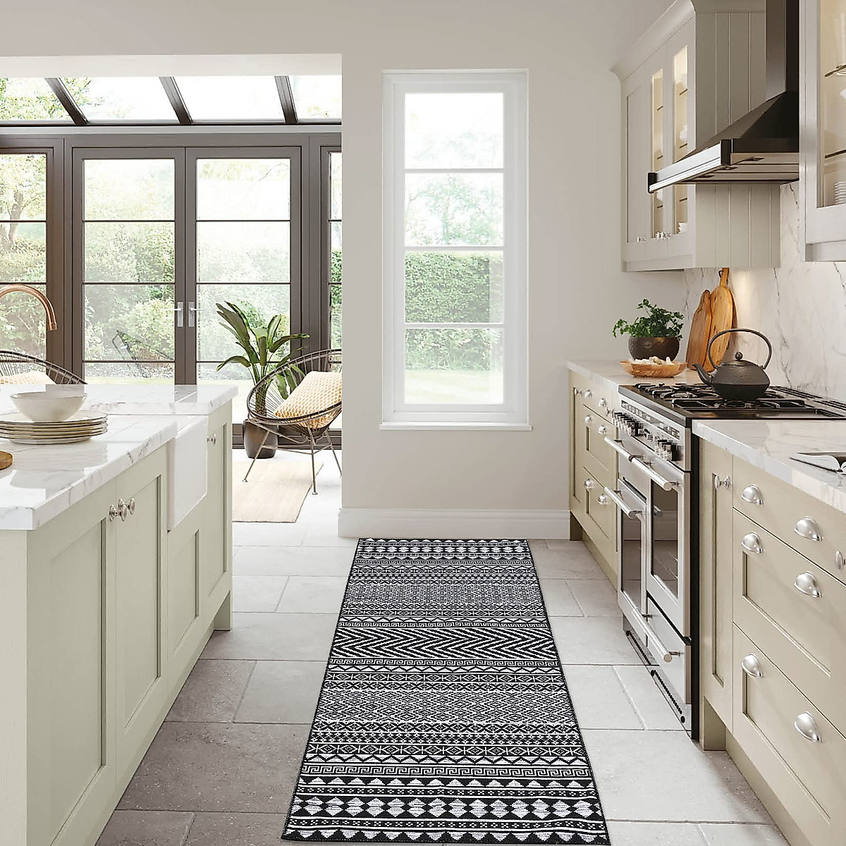 Fashionwu Machine Washable Rug 2x12 Runners for Hallway, Boho Bathroom Rug Low Pile Geometric Area Rug Black and White Rug for Entryway Non-Slip Throw Rugs for Indoor Entry Rug for Bedroom, 2x12 Feet