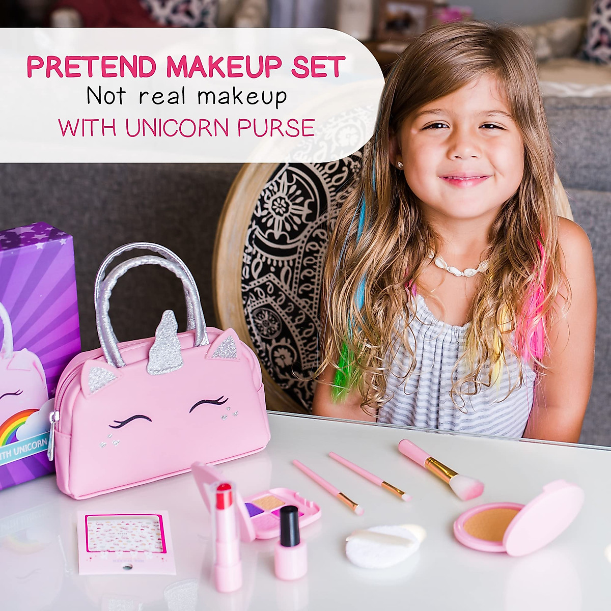 Pretend Play Makeup Kit for Little Girls with Unicorn Purse: Fake (Not Real) Make up Toy Set for Toddlers and Kids - Includes Hair and Nails Accessories, Baby Girl Toys Princess Toddler Gift Set