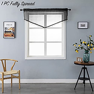 PearAge Beaded Sheer Triangle Valance Curtains for Living Room,Rod Pocket Farmhouse Window Valance, Bead Trim Tassel Voile Sheer Curtain Valance for Bedroom Bathroom Cafe 51x24 Inches (Black) 1PC