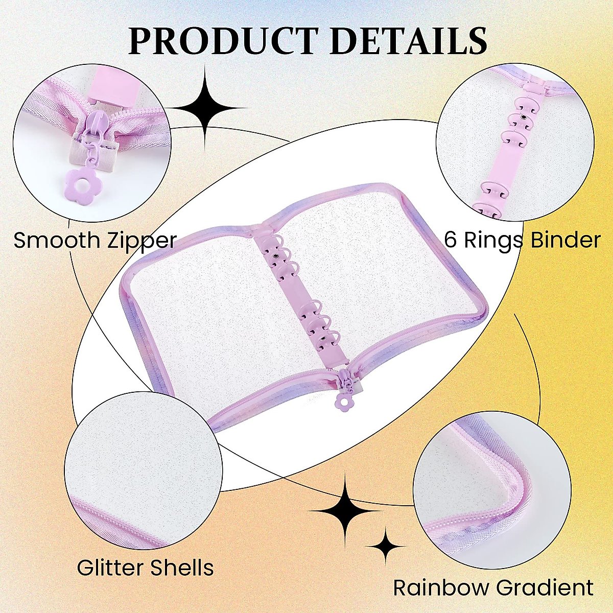 NEWEST A6 Zipper Binder Cover, Yellow Gradient PVC Loose-Leaf Notebook Planner Shell Protector, Sparkle Transparent Refillable 6-Ring Budget Cute Binder Folder for Cash Envelopes System