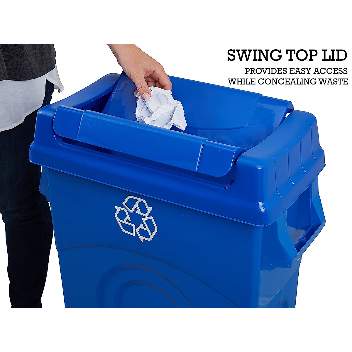 United Solutions 23 Gallon Highboy Plastic Recycling Bin Kitchen Trash Can with Lid, Pass Through Handles, and Dustpan Edge, Blue