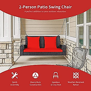 RELAX4LIFE Porch Swing 2-Seat Patio Rattan, Wicker Porch Swings Outdoor W/ Two 7.9 Ft Solid Steel Chain, Comfortable Back & Seat Cushions, for Front Porch, Garden, Backyard Patio Swing (Red)