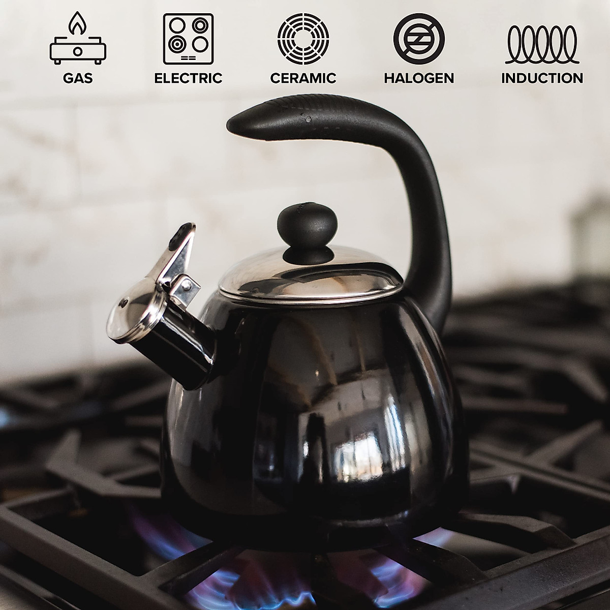 Farberware Bella Water Kettle, Whistling Tea Pot, Works For All Stovetops, Porcelain Enamel on Carbon Steel, BPA-Free, Rust-Proof, Stay Cool Handle, 2.5qt (10 Cups) Capacity (Black)
