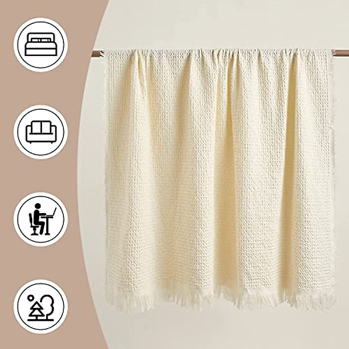 ZonLi Throw Blanket 57 x75 inch Breathable Waffle Weave Throw Blanket for Couch and Bed Versatile Cozy Blanket with Fringes Moderate Thickness and Suitable for Indoor & Outdoor (Beige)